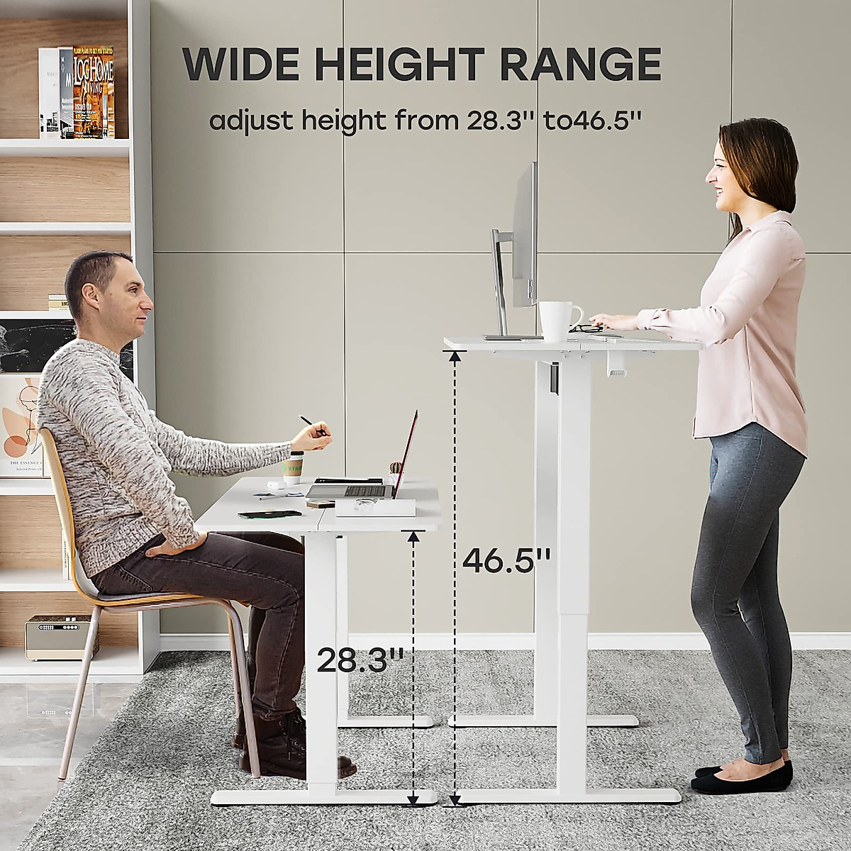 JYLH JOYSEEKER White Standing Desk, 48 X 24 Inch Adjustable Height Electric Desk, Sit Stand Desk with Splice Board and 2 Hooks, Ergonomic Rising Desk for Home Office