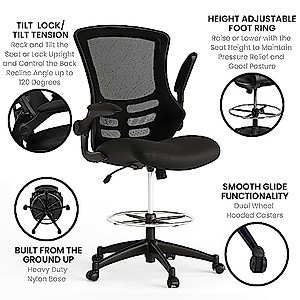 Flash Furniture Kelista Mid-Back Black Mesh Ergonomic Drafting Chair | Adjustable Foot Ring, Flip-Up Arms | Comfort and Productivity