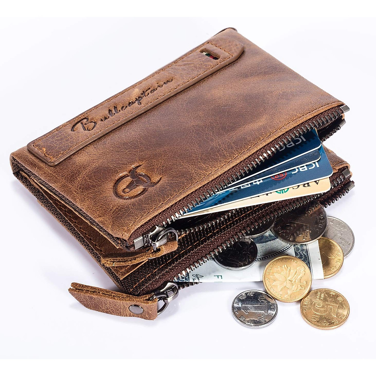 BULLCAPTAIN Genuine Leather Wallet for Men Vintage Bifold with Double Zipper Pockets (Brown)