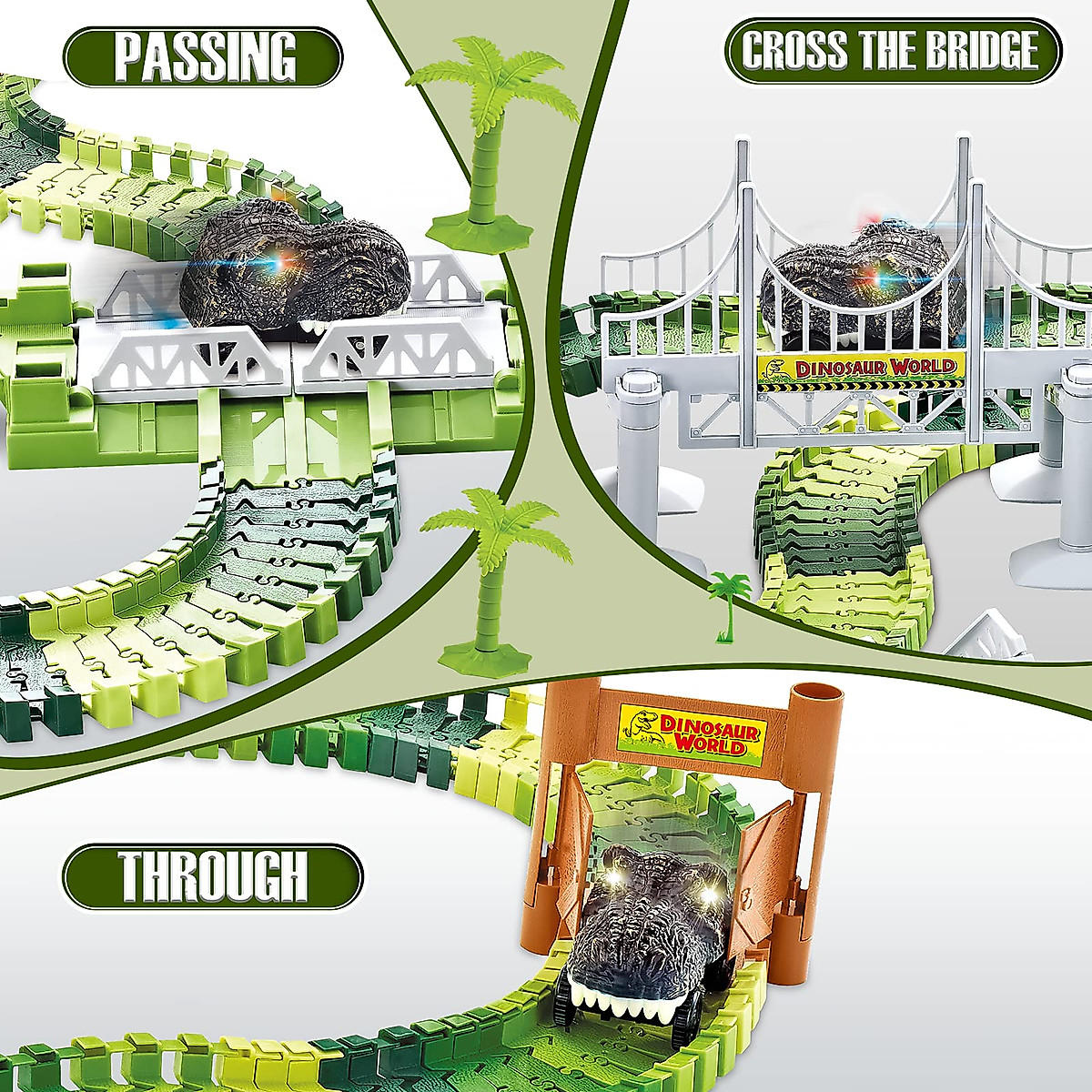 Dinasors Race Track Toy for Boys Girls Race Car Track for Kids Age 3-6 Dino Toys with 192 Flexible Track, 2 LED Dinosaur Racing Cars, Toddler Birthday Gift (Classical)