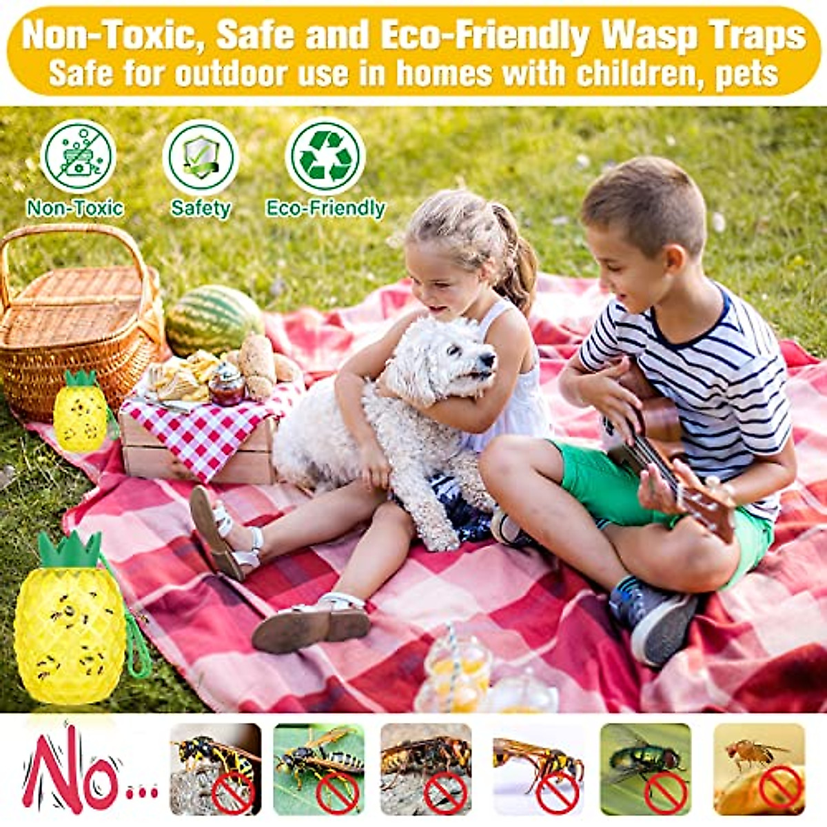 Wasp Trap Outdoor Hanging, Wasp Bee Traps Repellent Outdoor Wasp Deterrent Killer Insect Catcher, Non-Toxic Reusable Hornet Traps Yellow Jacket Traps Outdoor Hanging (2 Pack, Pineapple Shape)