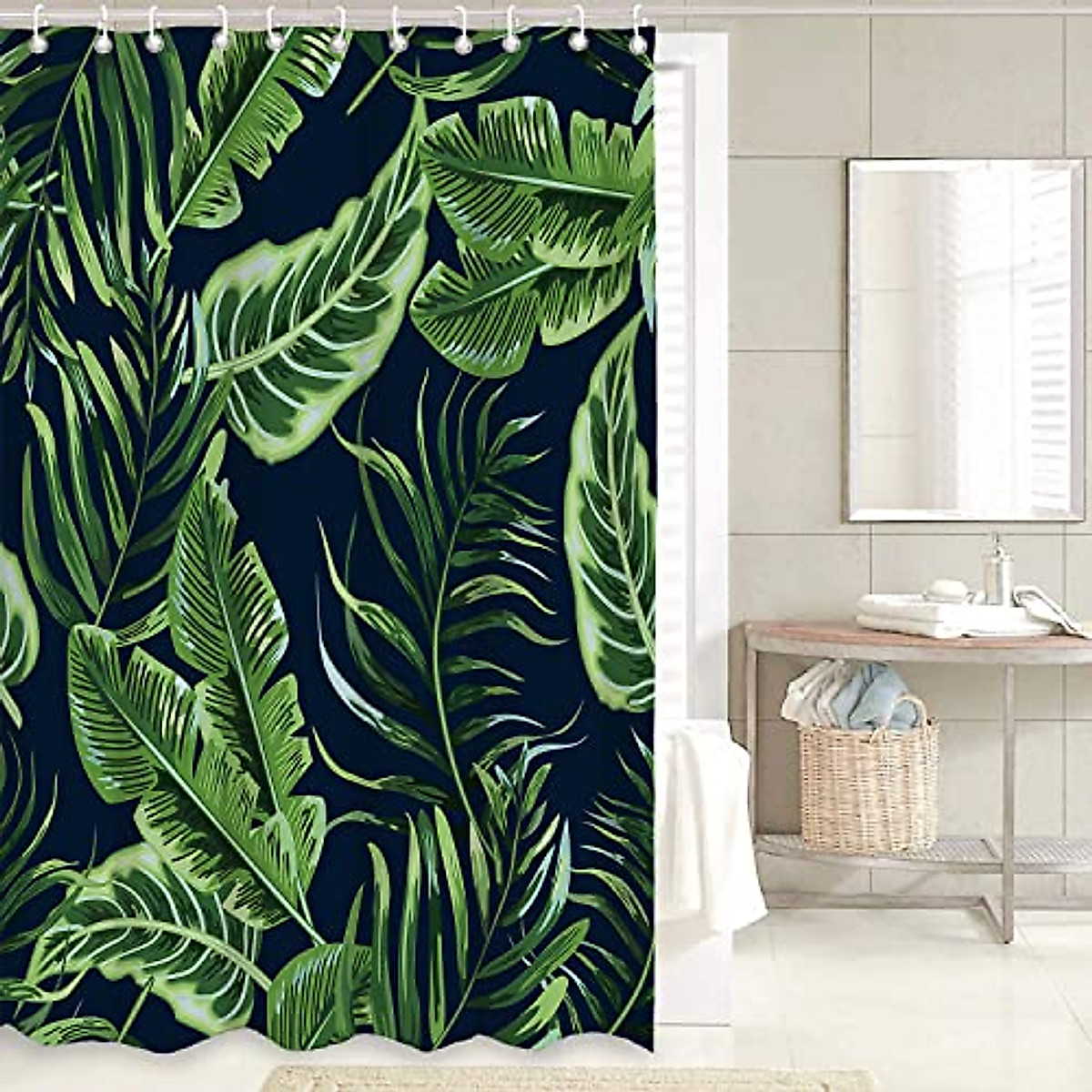 4 Pcs Tropical Plant Shower Curtain Set, Modern Bathroom Sets with Rugs and Accessories, Green Palm Leaf Bathroom Set Banana Leaves Bathroom Decor, Summer Hawaiian