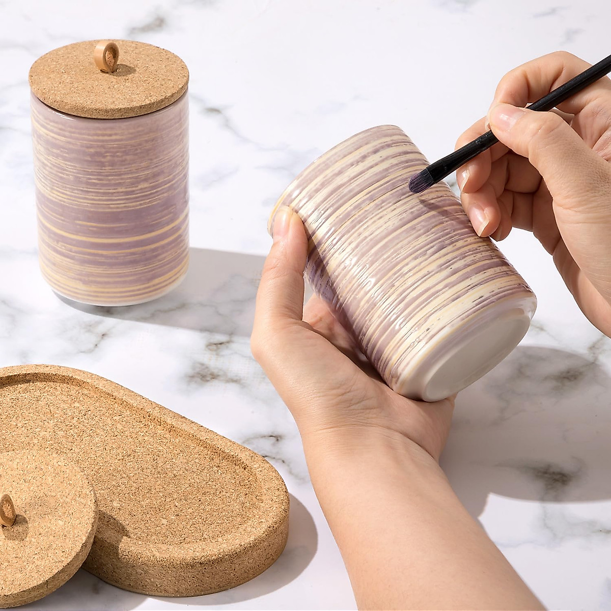 Ceramic Bathroom Canister Jars, 2 Pack Qtip Holder Dispenser with Lid and Tray, Cotton Ball Swab Pad Holder for Bathroom Essential Accessories Vanity Organizers-Light Purple