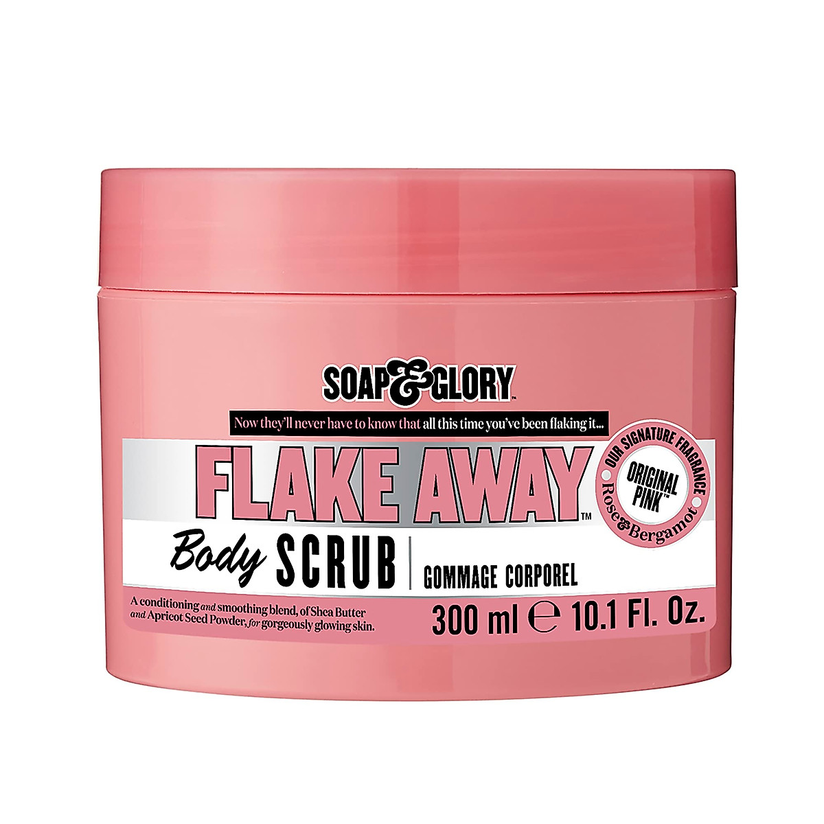 Soap & Glory Original Pink Flake Away Exfoliating Body Scrub - Smoothing & Buffing Body Scrub - Floral Scented Body Polish - Shea Butter, Sea Salt & Sweet Almond Oil Sugar Body Scrub (300ml)