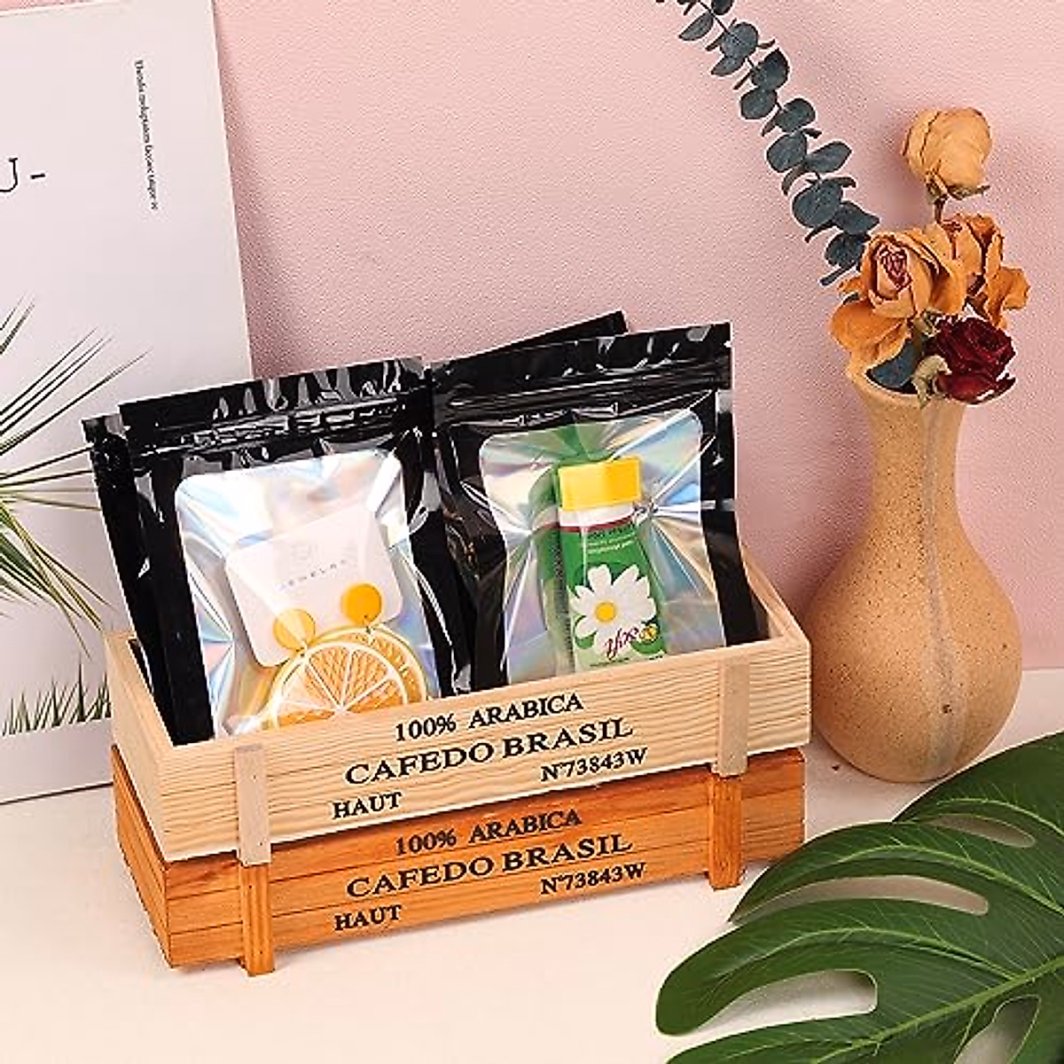 120 Resealable Mylar Bags, Smell Proof Bag for Food Storage, Holographic Packaging Pouch Bags with Front Window for Sample Snack Cookies Jewelry (4 x 6 Inch, Black)