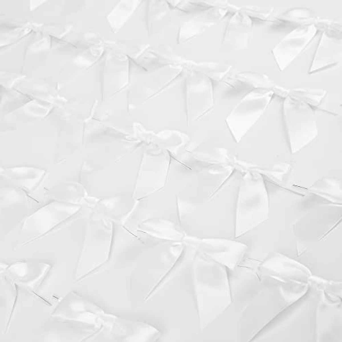 AIMUDI White Satin Ribbon Twist Tie Bows 3.5" Pretied Bows Premade Craft Bows for Treat Bags Cake Pop Gift Wrapping Basket Wedding Favors Cookie Candy Bagging Baby Shower - 50 Counts