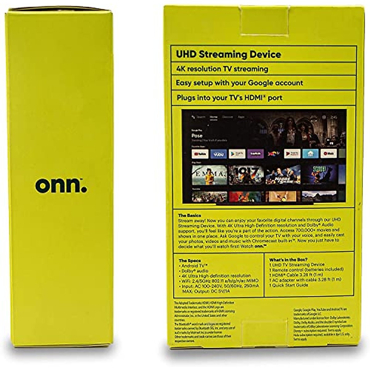 ONN Android TV 4K UHD Streaming Device with Voice Remote Control Google Assistant & High Speed HDMI Cable (100026240)