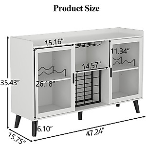 Auromie Wine Bar Cabinet with Led Light, Home Coffee Cabinet with Wine and Glass Rack, Kitchen Buffet Sideboard with Storage Shelves, Freestanding Liquor Cabinet for Living Room, Dining Room (White)
