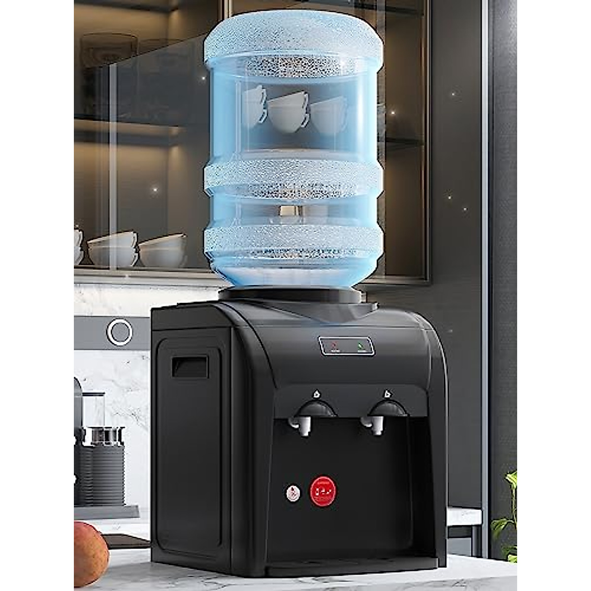 TABU Countertop Water Cooler Dispenser, Top Loading Water Cooler, Hot & Cold Water Dispenser, Holds 3 or 5 Gallon Bottle, with Anti-Scalding Design and Child Safety Lock for Home, Office Use (Black)
