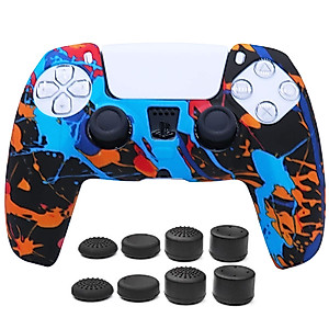 Silicone Skin Case Cover for Playstation 5 Controller,Anti-Slip Protector Case for PS5 Wireless Controller Accessories with 8 Thumb Grips Caps (Blue Painting)