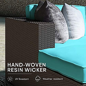 Rio AcePRO 6 Piece Patio Conversation Garden Sectional Sofa Outdoor Furniture Couch Set, Brown Wicker and Beige Cushion, Blue