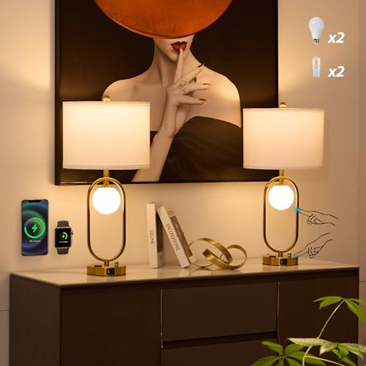 Thirdpolite Modern Table Lamps Set of 2, Touch Bedside Nightstand Lamps with USB Ports and AC Outlet, 3 Way Dimmable Desk Lamps with Fabric Shade for Bedroom, Living Room