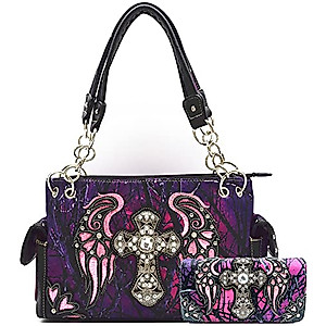 Camouflage Cross Wings Western Style Concealed Carry Purse Country Handbag Women Shoulder Bag Wallet Set (Purple Set)