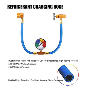 JIFETOR AC Charge Hose with Gauge, Car R134A Refrigerant Recharge Kit, Auto Air Conditioning U Charging Hose Low Pressure Measuring Meter with 1/2 inch Can Tap and R134A Quick Coupler, 100PSI