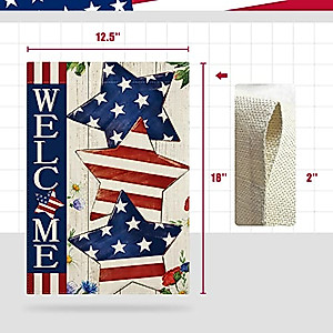 CMEGKE 4th of July Garden Flag Welcome Stars Patriotic Striped Independence Day Flag Vertical Double Sided Patriotic Memorial Day American Veteran Holiday Farm Home Outside Yard Decor 12.5 x 18 In