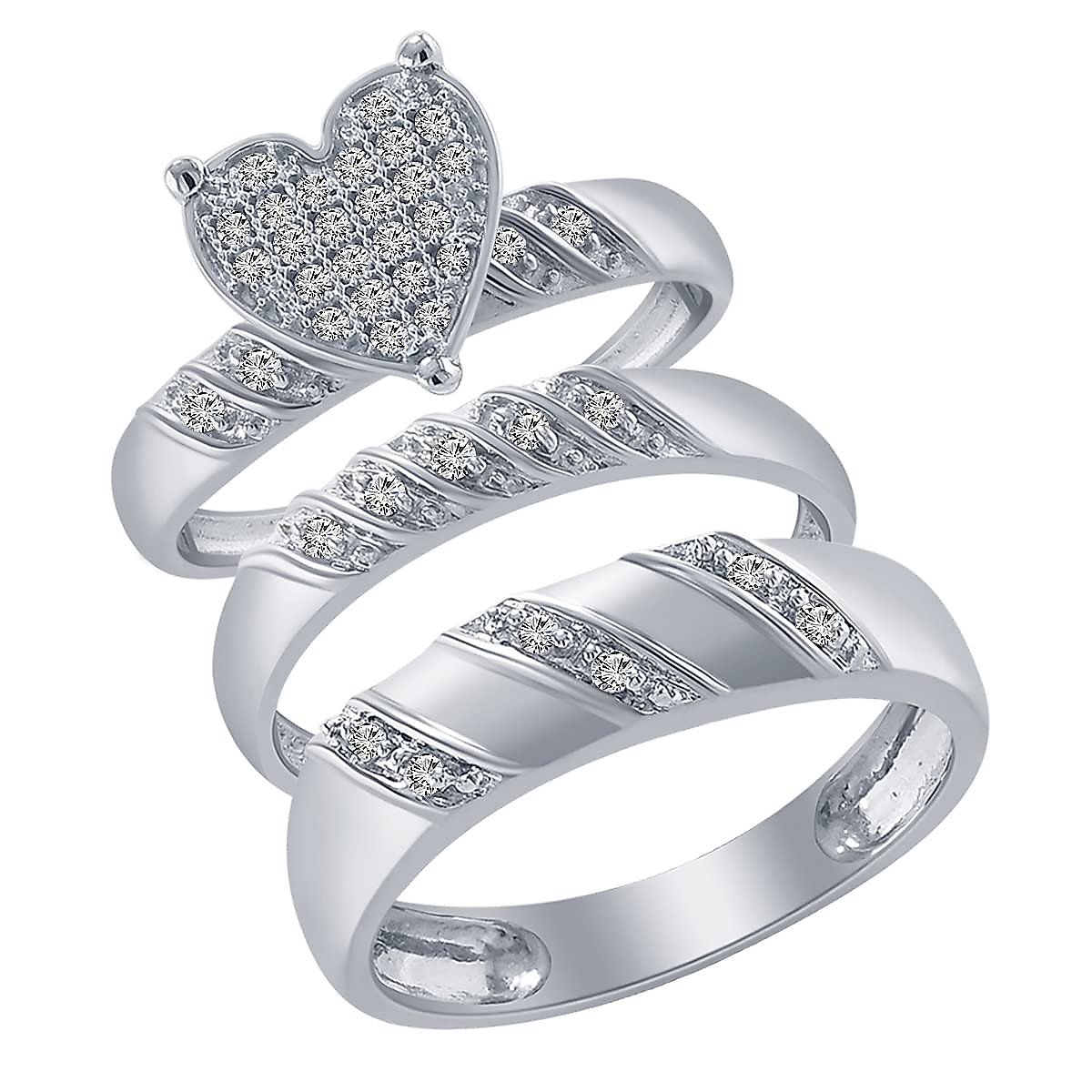 Pretty Jewels 0.23 Carat (ctw) Round White Diamond Heart Frame Men's & Women's Engagement Trio Set Ring For His & Her Wedding, 925 Sterling Silver (H-I Color, I1-I2 Clarity) Ladies 7 & mens 13