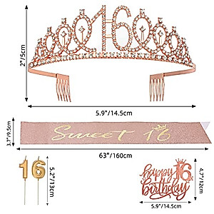 Sweet 16th Birthday Decorations, Happy Birthday Banner with Princess Crown, Sash Candles, Heart Foil Confetti Balloons, Tissue Paper Pom, Rose Gold Fringe Streamers Princess Party Decorations for Girls
