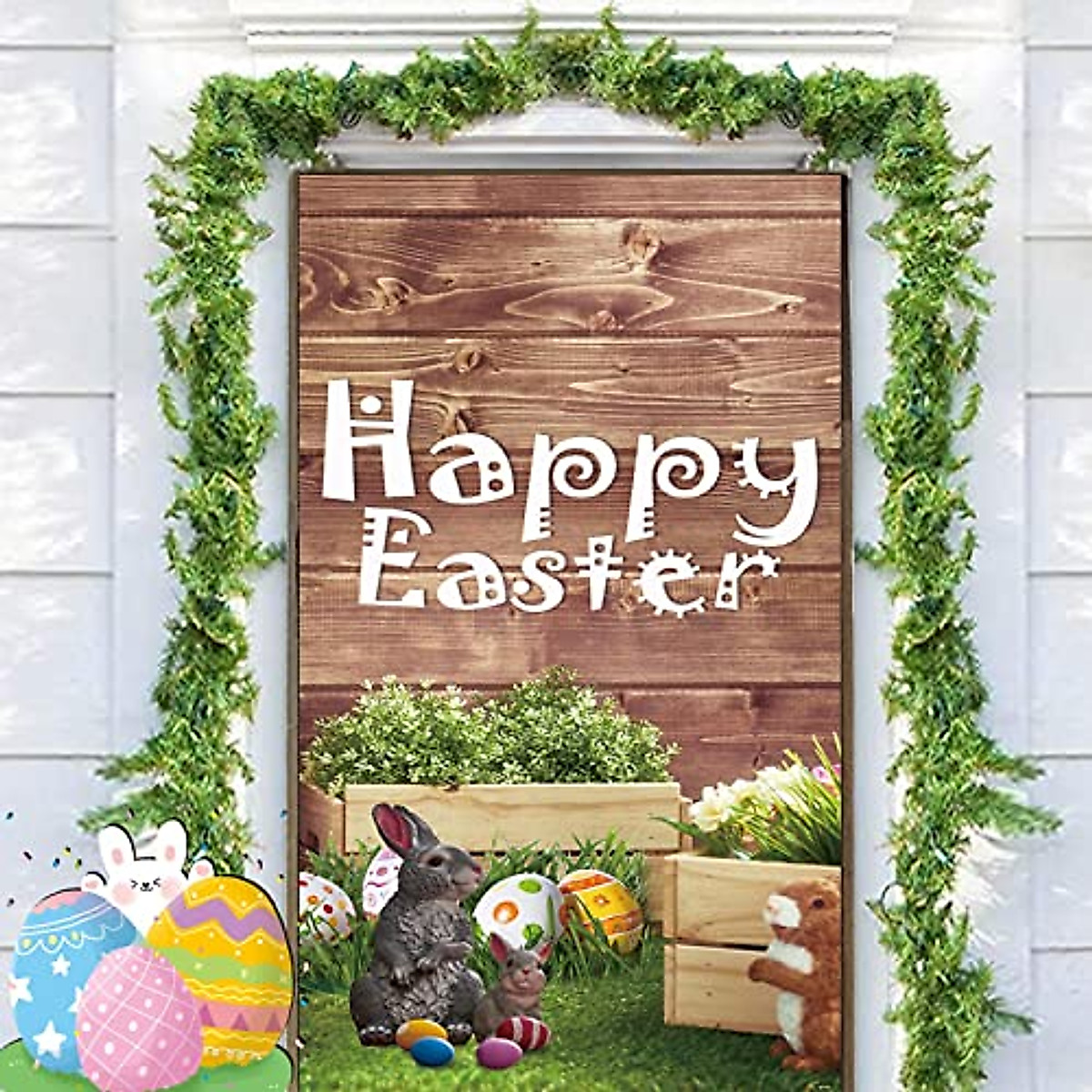 ZDX Happy Easter Door Banner Rustic Wooden Floor Banner Spring Bunny Egg Flower Rustic Farmhouse Easter Party Backdrops Door Banner
