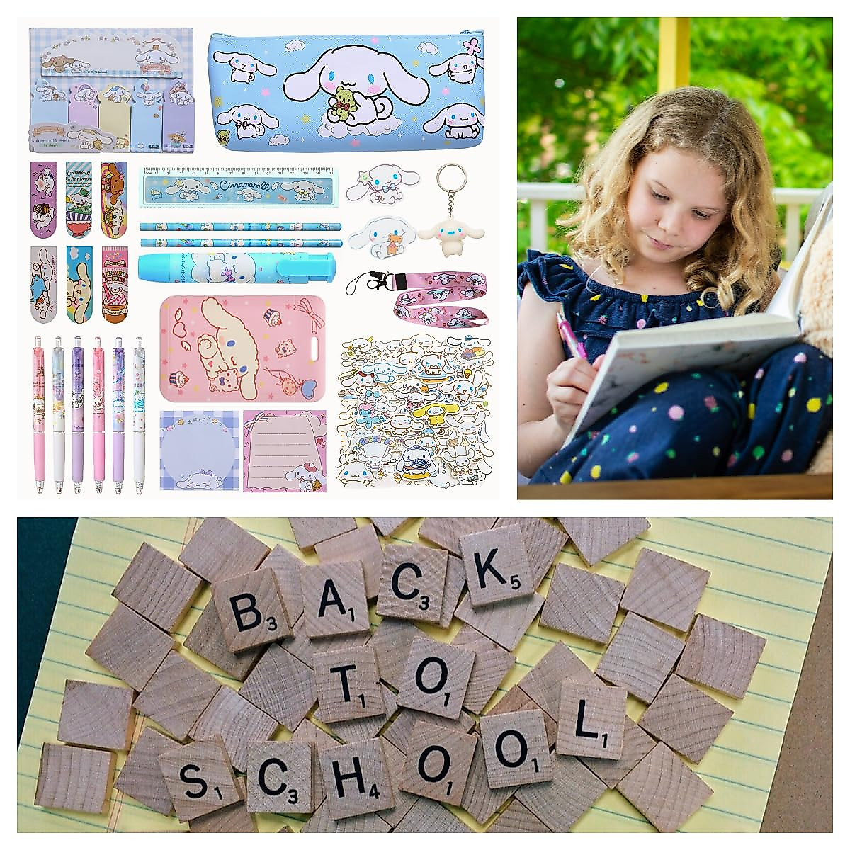 Kueeger Cinnamoroll School Supplies Set,Kawaii Cute School Supplies Gifts Set Includes Pencil Case,Pens,Sticky Note,Pins,Ruler,Eraser,Bookmarks,Stickers,Keychain,ID Card Holder with Lanyard