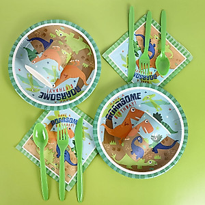 GOOCHOO 144 Pack Dinosaur Party Supplies Sets Severs 24 Person Including Plates Napkins Cups and Cutlery for Birthday Party