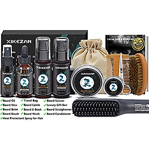 Beard Straightener Kit,Beard Growth Grooming Kit w/Beard Straightener,Heat Protectant Spray,Beard Wash Shampoo,Conditioner,Oil,Balm,Wax,Comb,Brush,Scissor,Bag,E-Book,Gifts for Men Him Dad