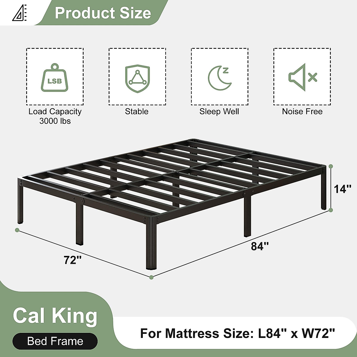 Lutown-Teen 14 Inch California King Bed Frames with Rounded Corner Legs, Heavy Duty Metal Cal King platform bed frame, No Box Spring Needed, Noise Free, Easy Assembly