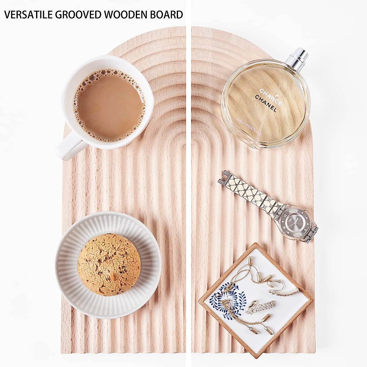 MALLYU Decorative Wooden Serving Tray Cutting Board Arch Shape Grooved Multi-functional Platter Fashion for Charcuterie Home Kitchen Shelf Decor Beading Jewelry Making Organizer DIY Plate Wedding Gift