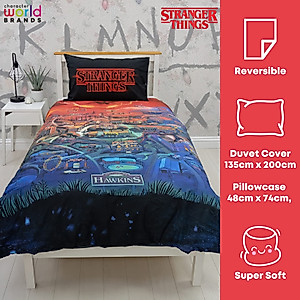Stranger Things Character World Official Single Duvet Cover | Hawkins Town Map Design, Reversible Easy Care Bedding 2 Sided Duvet Quilt Set with Matching Pillow Case, Multicolour Print