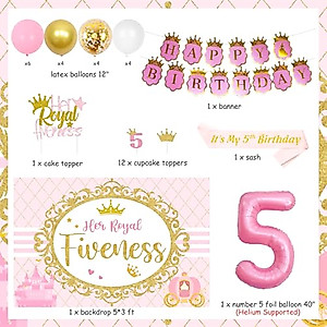 Sursurprise 5th Birthday Decorations for Girl Her Royal Fiveness Birthday Backdrop Cake Topper Sash Balloons for Princess 5 Years Old Birthday Party Supplies