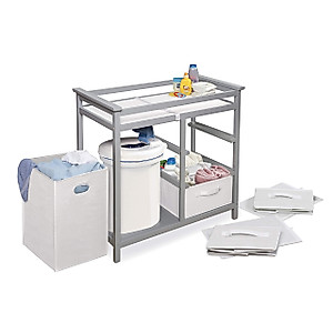 Badger Basket Modern Baby Changing Table with Laundry Hamper, 3 Storage Drawers and Pad, Diaper Change Station - Gray/White
