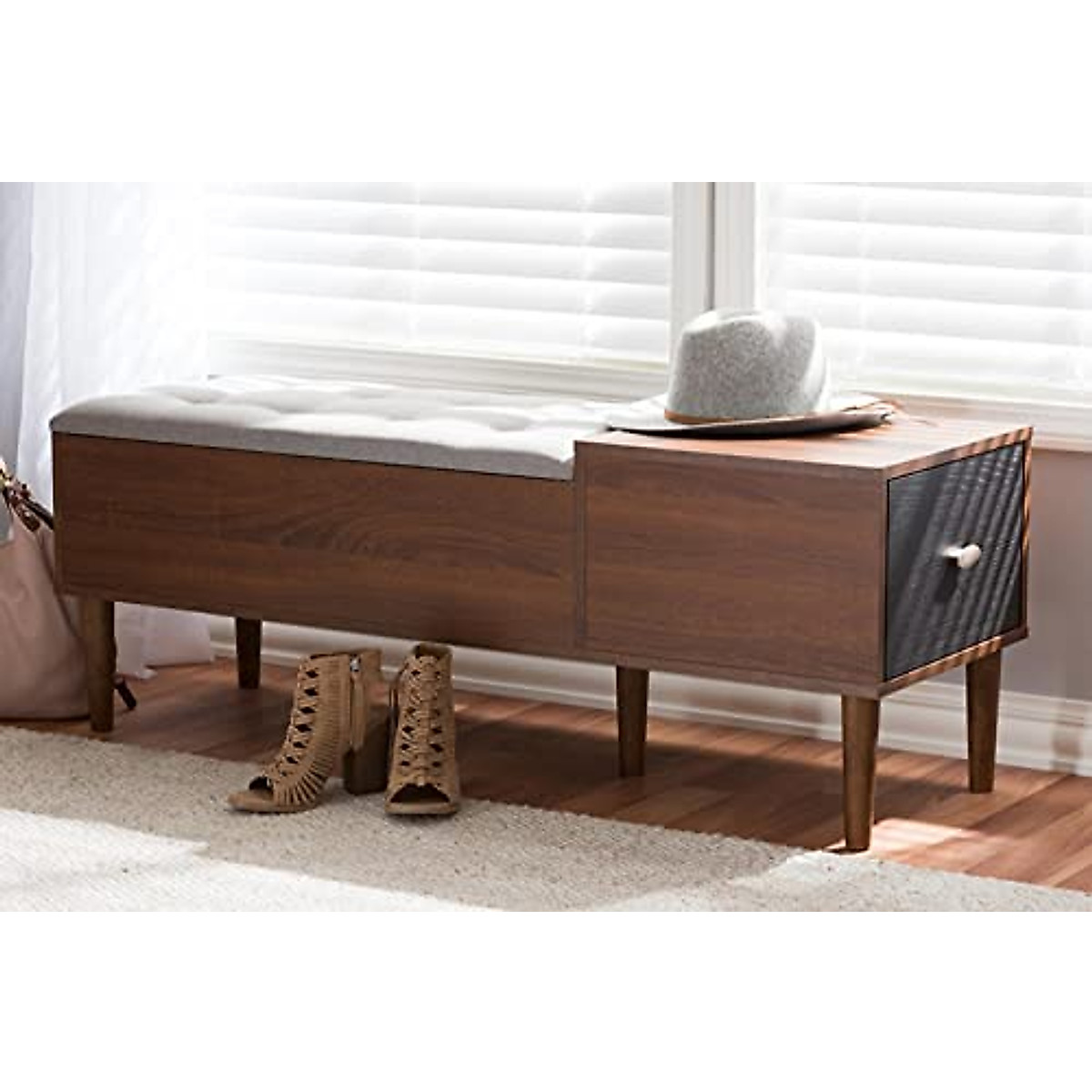 Baxton Studio Merrick Bench Shoe Rack Cabinet Brown//Medium Wood/Mid-Century/Fabric Polyester 100%"/Engineered Wood/Faux Wood Veneer/Powder Coated Vinyl (Legs)/Foam