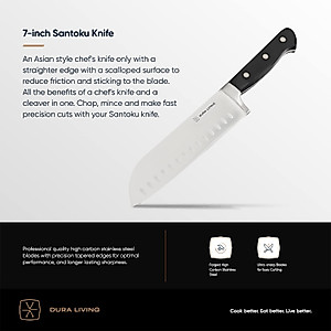 DURA LIVING 7-Inch Santoku Knife - Razor-Sharp High-Carbon Stainless Steel Blade, Forged Ergonomic Riveted Handle, Chef Knife for Chopping, Slicing & Dicing, Multipurpose Kitchen Knife, Home Chef