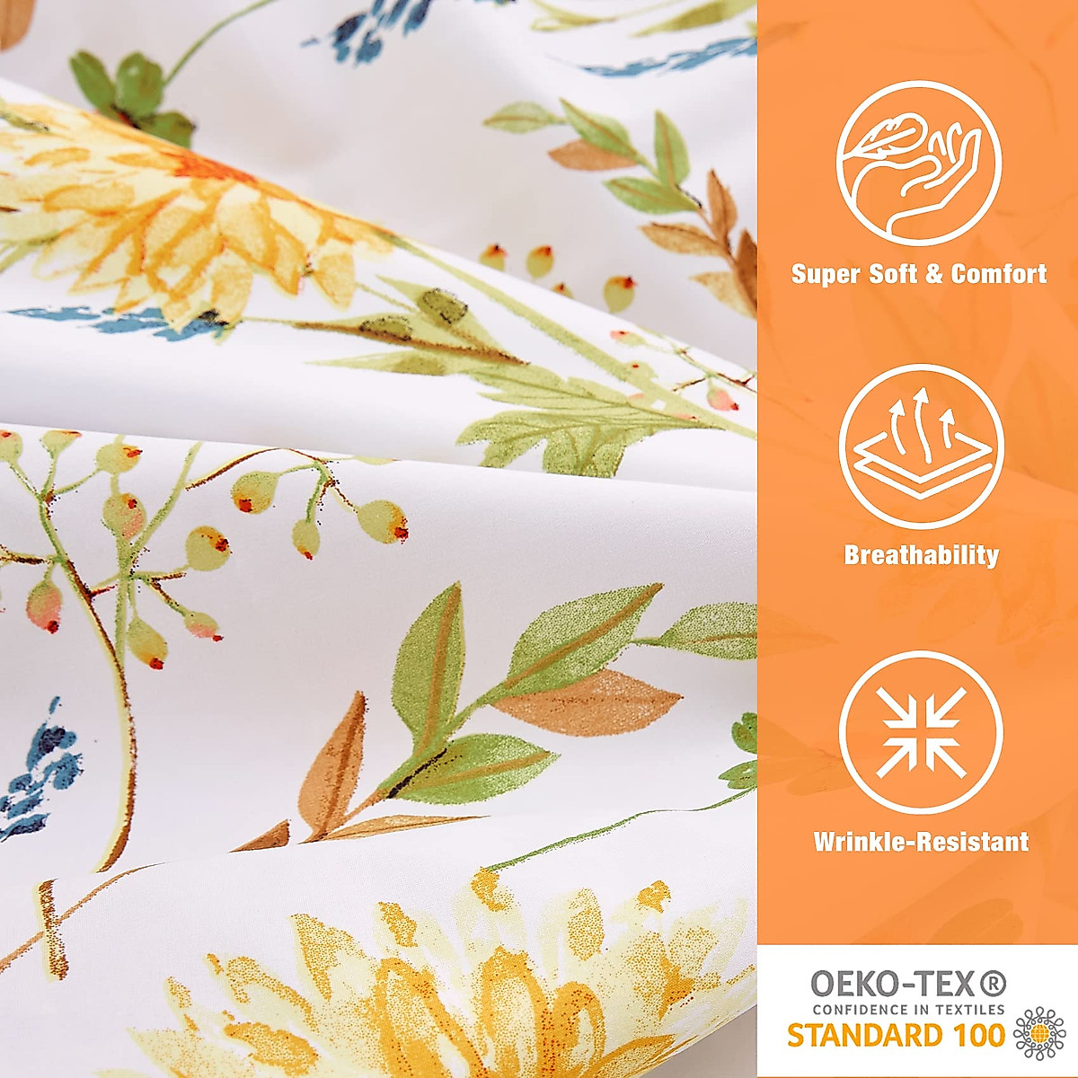 JSD Yellow Floral Printed Sheet Set Queen Size, 4 Piece Soft Botanical Spring Microfiber Bed Sheets Deep Pocket