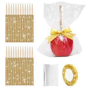 Anglecai 24Pcs Candy Apple Bamboo Stick Kit, 24P Bling Stick for Apple Rhinestone Wooden Skewers, with 24P Bags, 1P 25 Yard Glitter Ribbon, Bling Stick for Caramel Apple Lollipop Crispy Treat