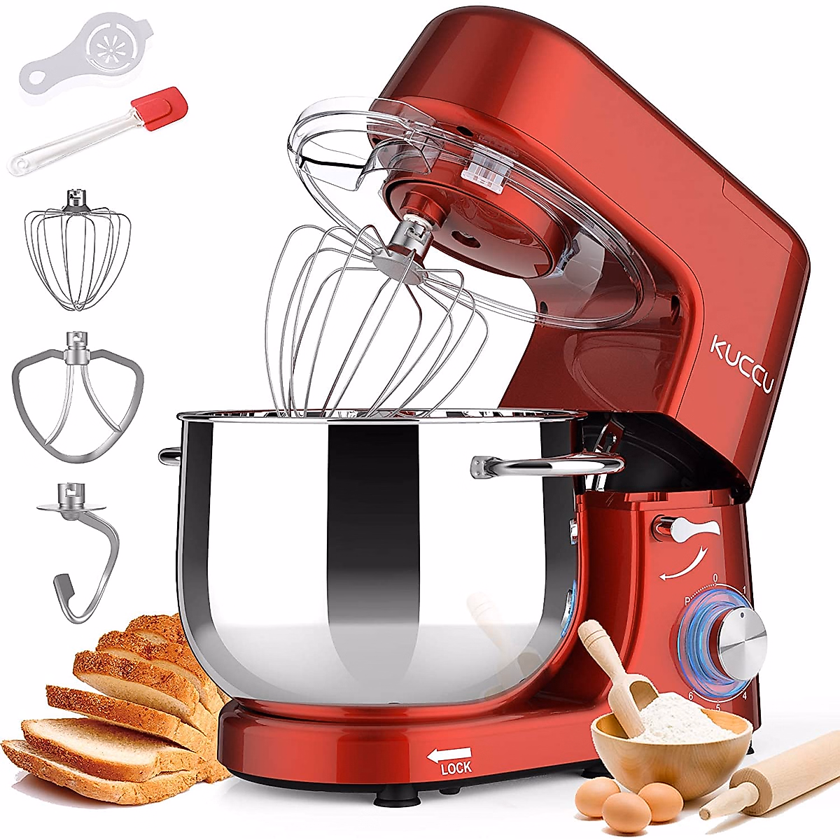 8.5 QT Double Handle KUCCU Stand Mixer, 6 Speed with Pulse Electric Kitchen Mixer, 660W Tilt-Head Food Mixer with Dishwasher-Safe Dough Hook, Flat Beater, Whisk, Splash Guard for home baking (Red)