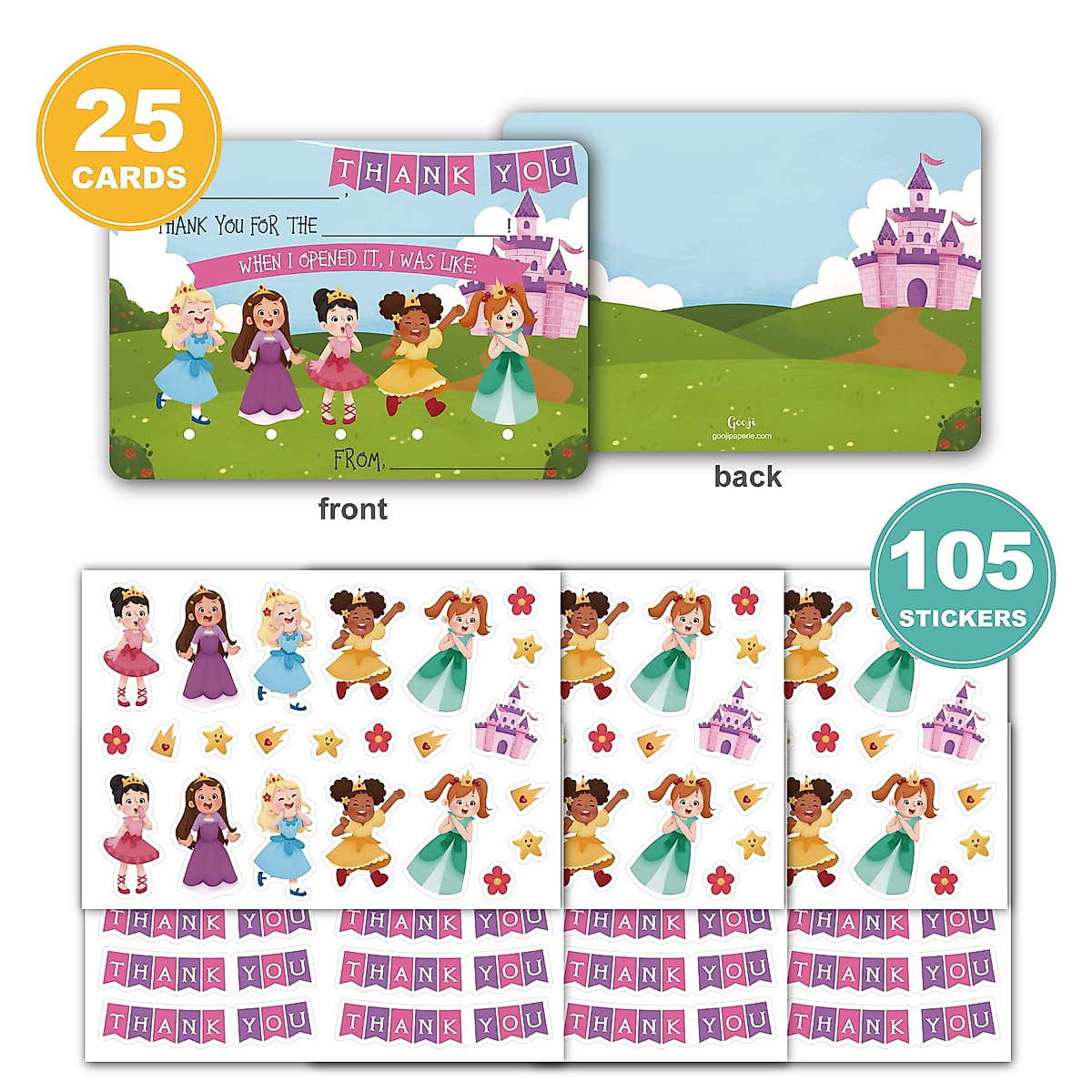 Gooji Colorful Princess Thank-You Cards, 4.25x6, 25 Cards, Customizable