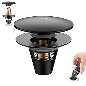 EclatBain Bathroom Sink Drain Strainer 300% Drainage Speed All Brass Bullet Core Push Type Bathroom Sink Stopper for 1.37''-1.53'' Drain Hole with Detachable Anti-Clogging Filter Basket(Black, Medium)