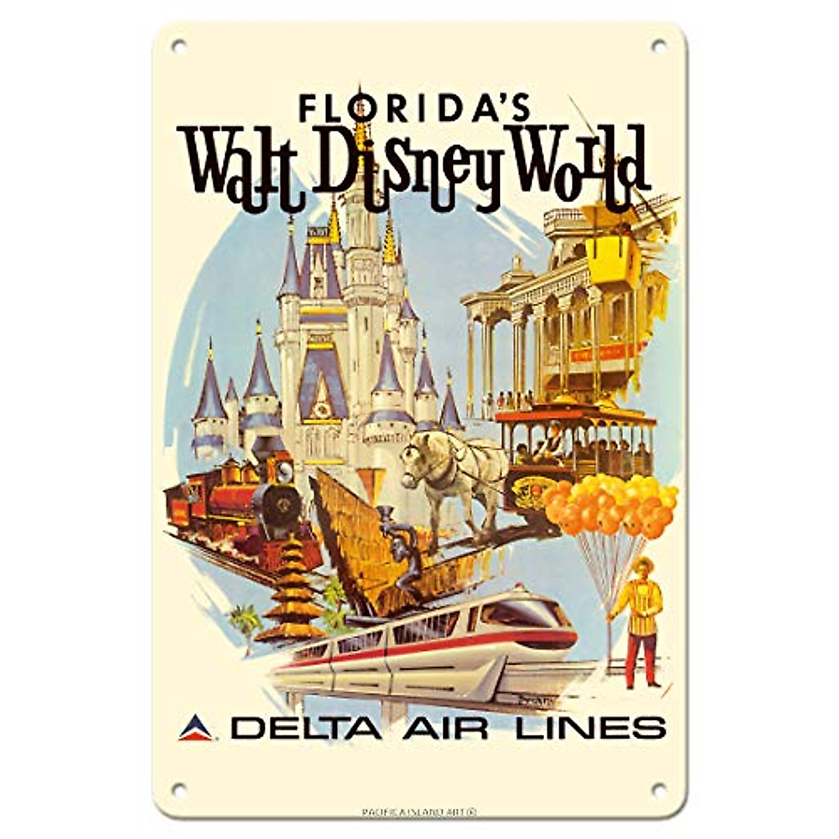 Pacifica Island Art Florida’s Walt Disney World - First Year of Operation - Delta Air Lines - Vintage Airline Travel Poster by Daniel C. Sweeney c.1971-8in x 12in Vintage Metal Tin Sign