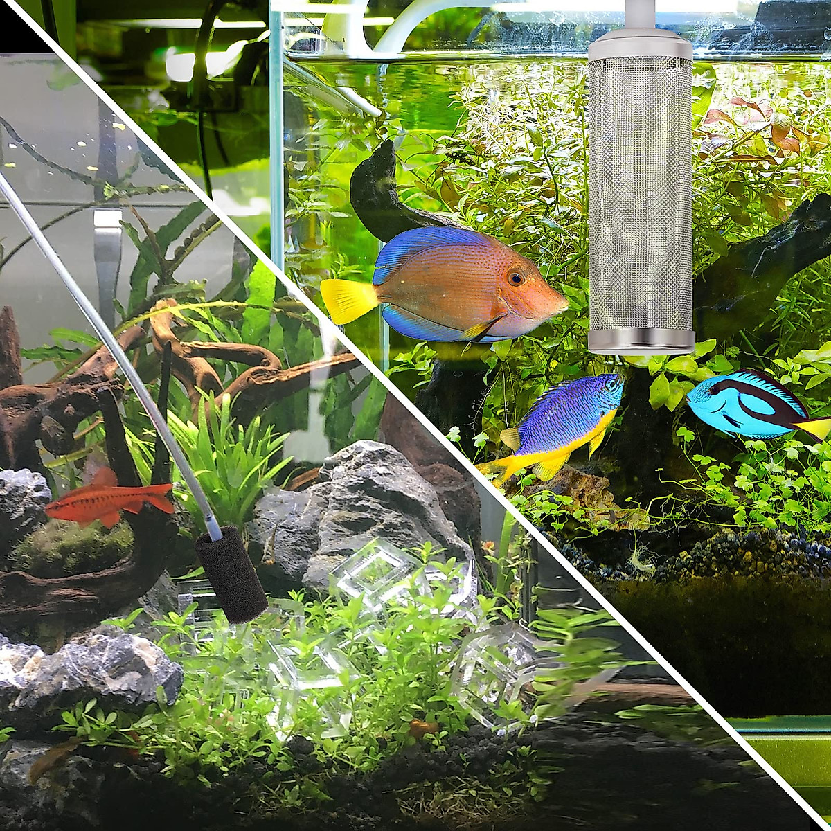 XCRUI 2 Pcs 12mm/16mm Stainless Steel Aquarium Filter Intake Guard Mesh Cover,Fish Tank Filter Guard with 2PCS Filter Sponge for Breeding Fish Shrimp Tank