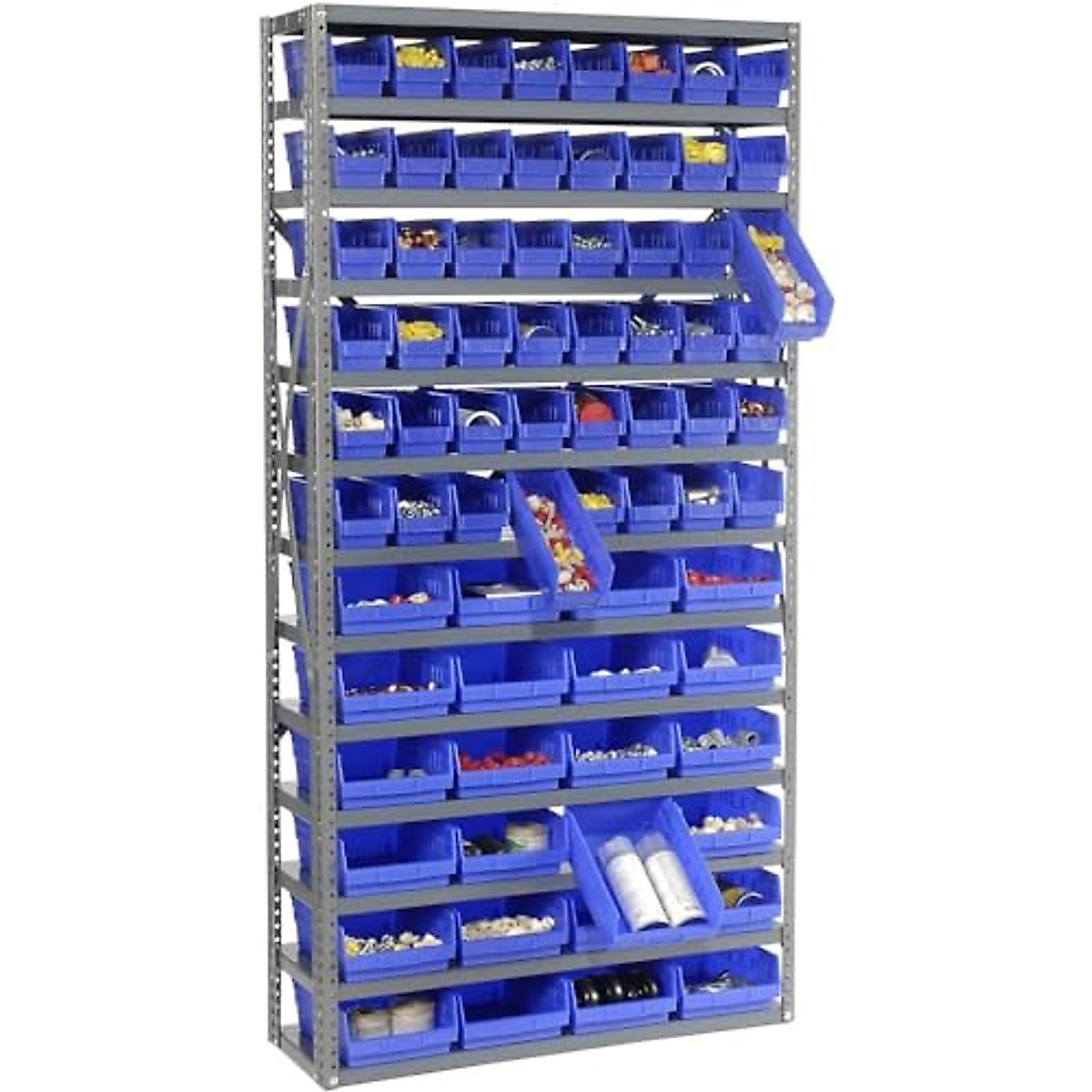 Global Industrial 13 Shelf Steel Shelving with (72) 4" H Plastic Shelf Bins, Blue, 36x12x72