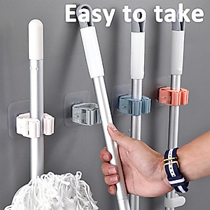 TACYKIBD 10PCS Broom Holder Wall Mount, Self Adhesive Mop and Broom Holder Wall Mount No Drilling Mop Holder, Anti-Slip Broom and Dustpan Hanger for Home Bathroom Kitchen Garden Garage (5 Colors)