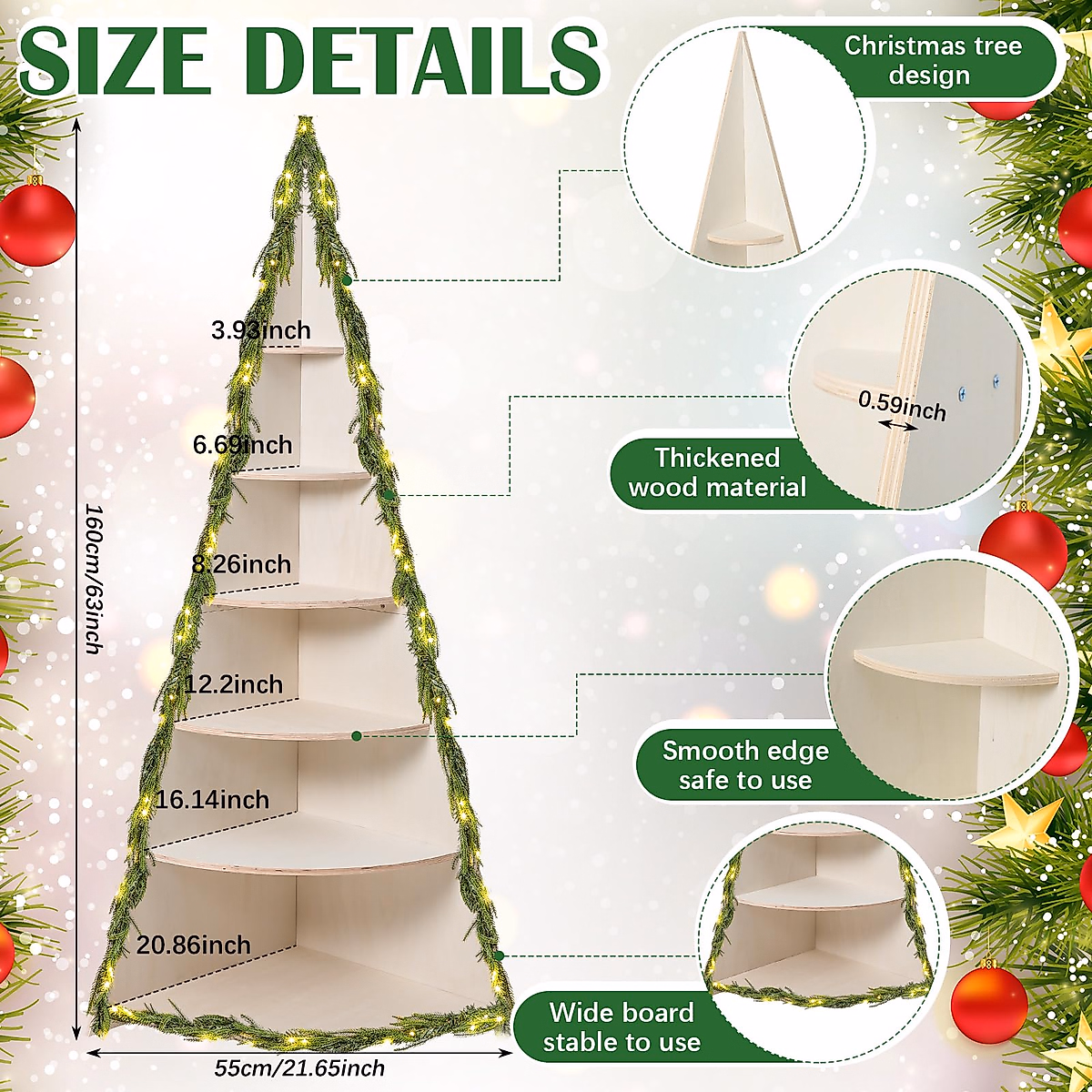 Vercraft Christmas Tree Bookshelf 63" Tall Christmas Tree Corner Shelf 6 Tier Wood Corner Display White Book Tree Bookshelf Ladder Shelves Display Stand for Bedroom Living Room Classroom Office
