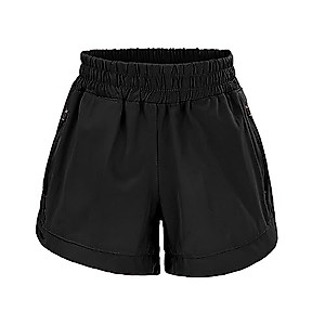 BIG ELEPHANT Teen Girls Athletic Shorts with Zipper Mesh Pockets for Basketball, Soccer, Running, Biking (Black, 16-18 Years)