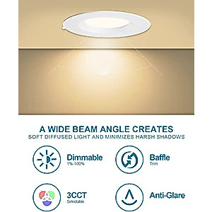 Lightdot Ceiling Light Fixture, Retrofit LED Recessed Lighting 6 inch, Downlight with Baffle Trim, Canless with Junction Box-10Pack
