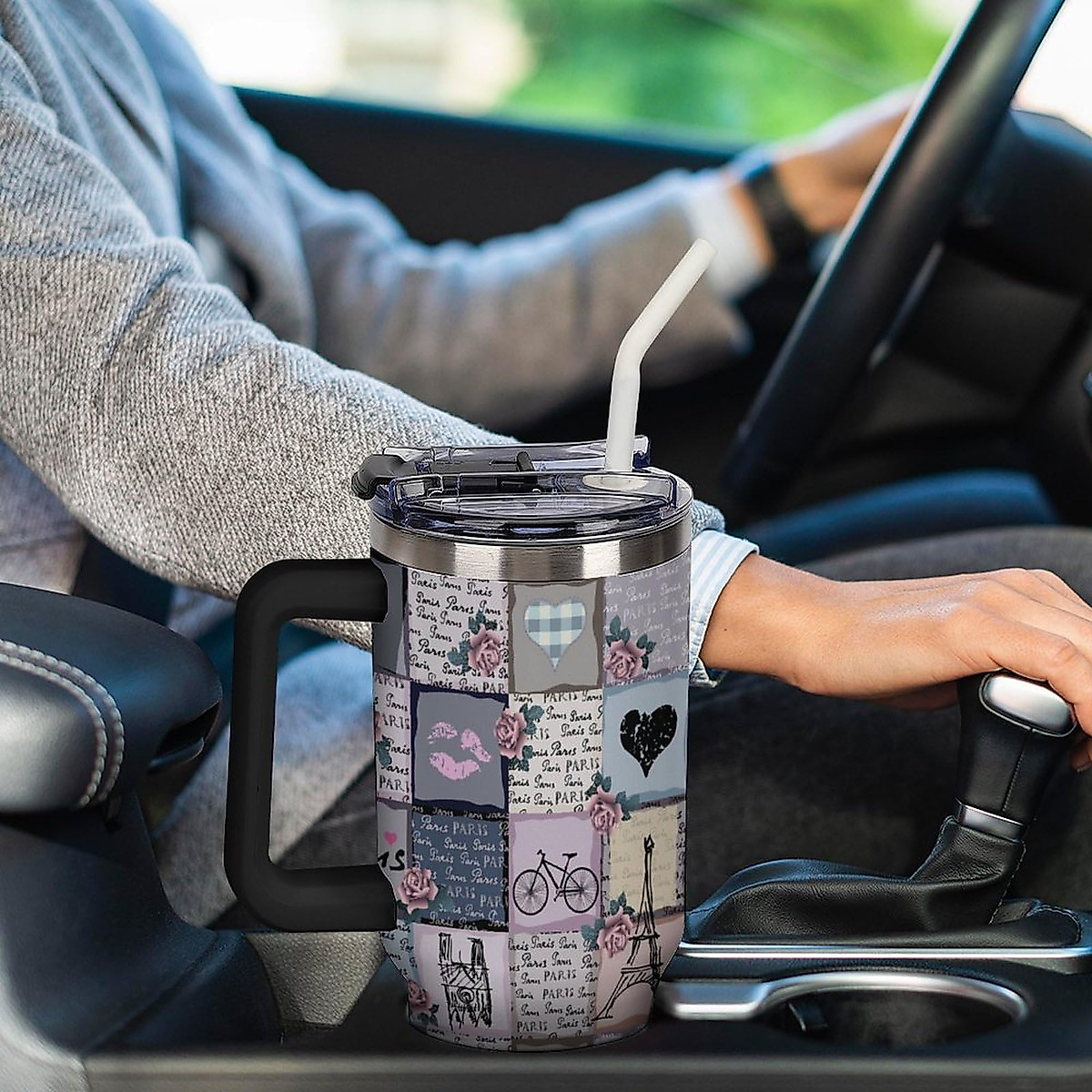 Niapessel Leak Proof Tumbler, Insulated Water Bottles with Straw, Retro Paris Art Insulated Cup with Handle 40 Oz Stainless Steel Flask for School, Travel, Car, Sports, Work