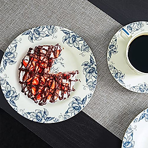 fanquare 8" Bone China Dessert Plates Set of 4, European Blue Floral Pasta Bowls Set, Porcelain Salad Plates for Soup, Microwavable Plates