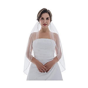 1T Rhinestone Pearl Sequin Beaded Wedding Veil (Fingertip Length 36", Light Ivory)