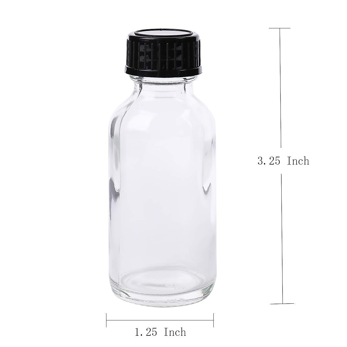Bekith 30 Pack Boston Round Glass Bottle with Black Cap, 1 oz Capacity, Clear
