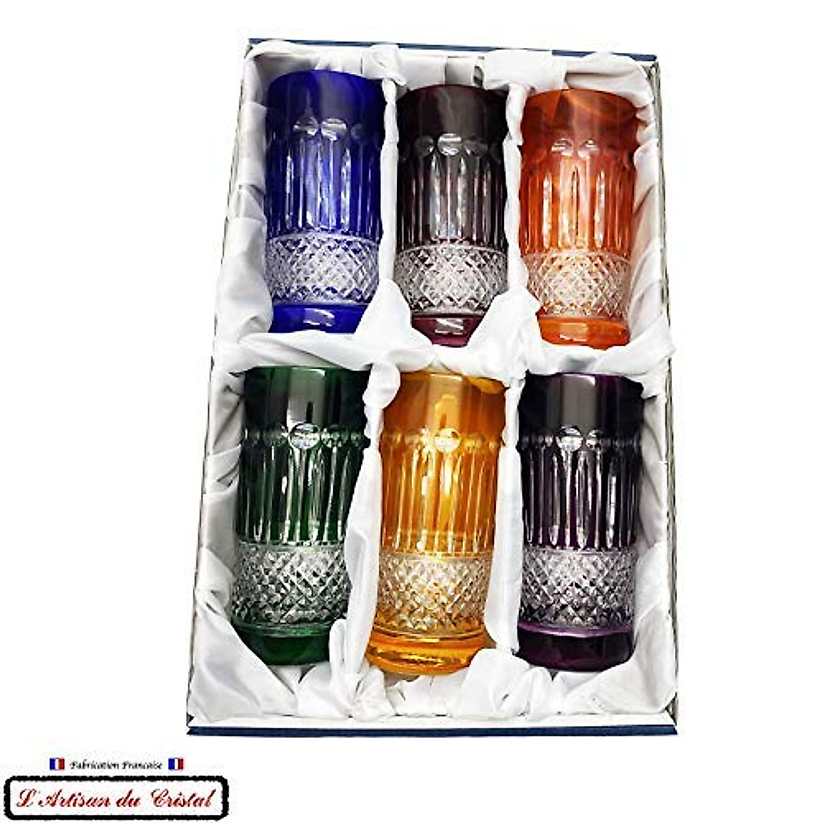 6 Aperitif Juice and Water Crystal Glasses - 6 Colors Assortment - Service Roemer Diamant (12 fl oz) - Klein House Artisan du Cristal - Gift set - Stamp : Klein 54120 Baccarat France