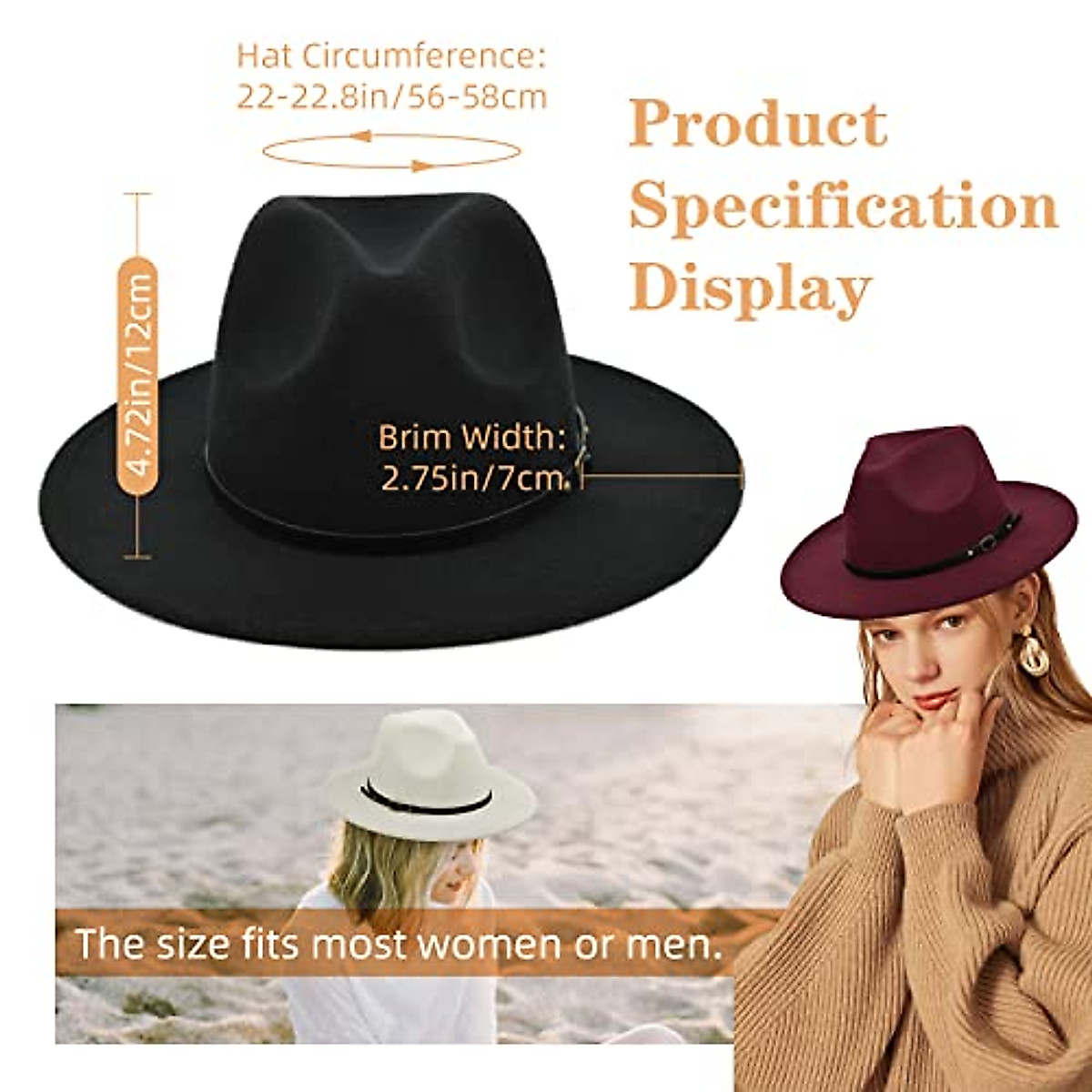 Women Classic Wide Brim Fedora Hat, 4 Pack Retro Panama Hat Wool Fedora Hat with Belt Buckle (Black+Wine Red+Navy Blue+Beige)